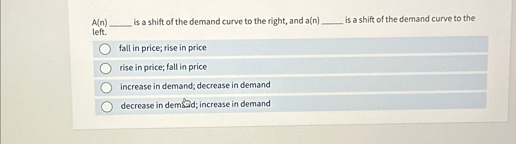 Solved A(n)is a shift of the demand curve to the right, and | Chegg.com