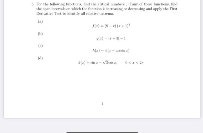 Solved 3. For the following functions, find the critical | Chegg.com