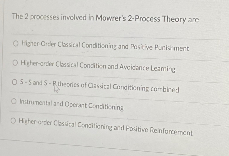 Solved The 2 ﻿processes involved in Mowrer's 2-Process | Chegg.com