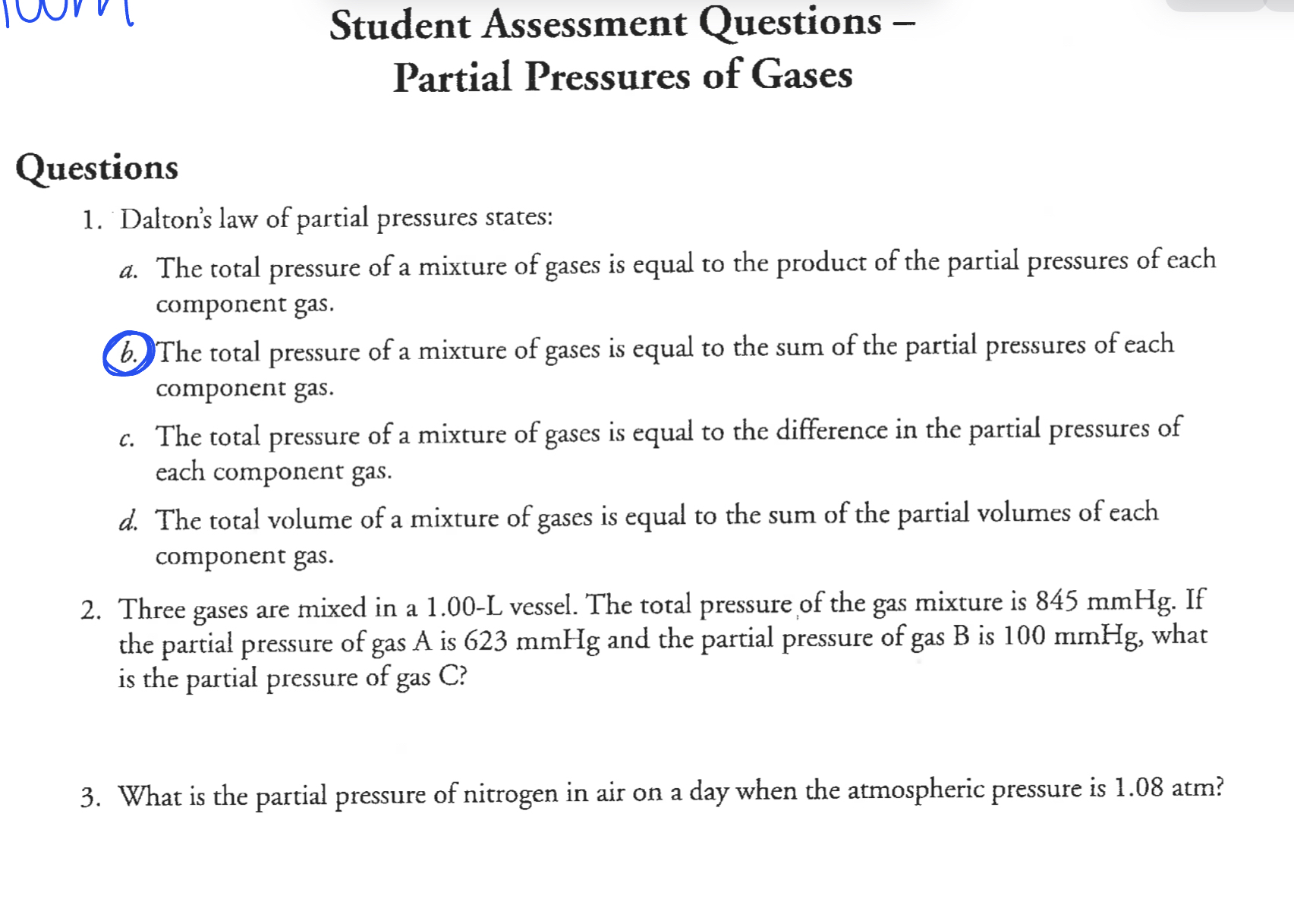 Solved Student Assessment Questions -Partial Pressures of | Chegg.com