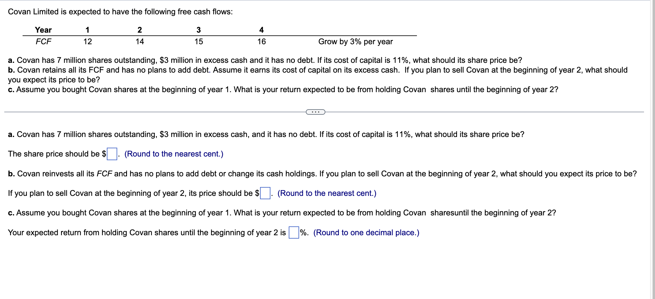 Solved Covan Limited is expected to have the following free | Chegg.com