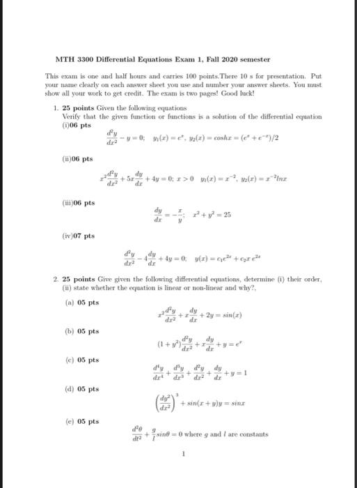 Solved MTH 3300 Differential Equations Exam 1, Fall 2020 | Chegg.com