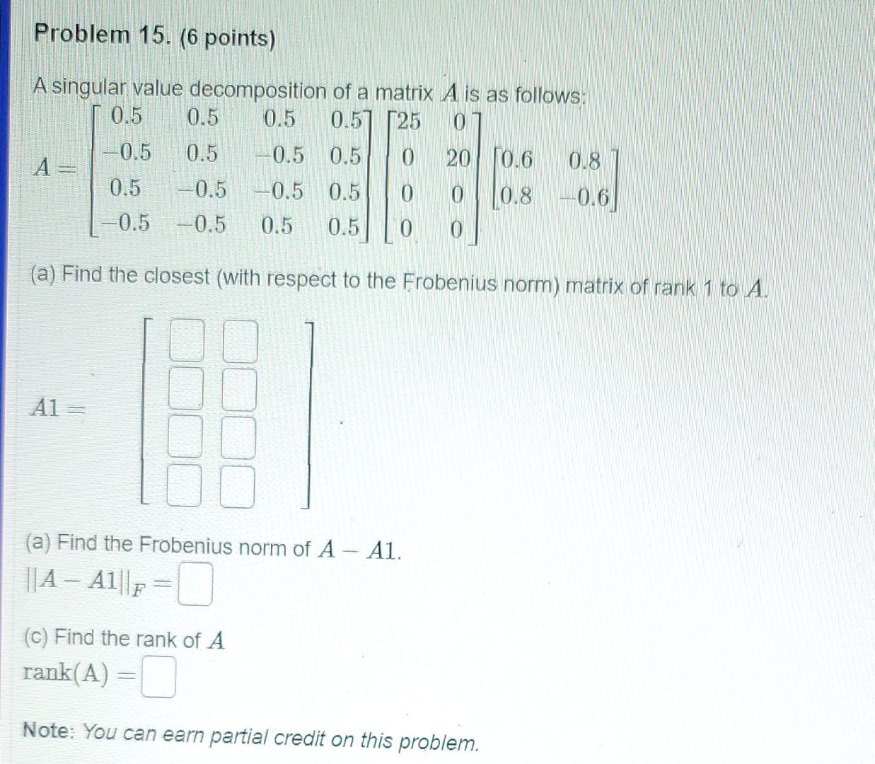 Solved Problem 15. (6 points) A singular value decomposition | Chegg.com