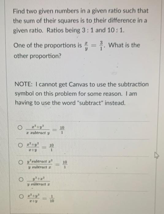 Solved Find two given numbers in a given ratio such that the | Chegg.com