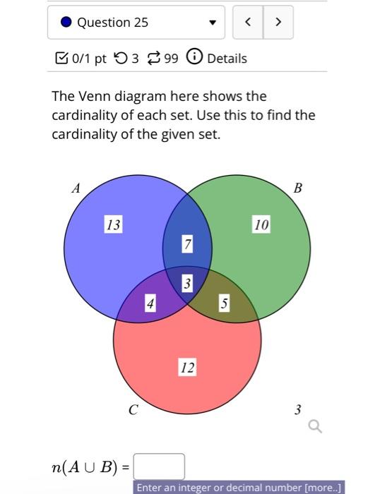 Solved The Venn diagram here shows the cardinality of each | Chegg.com