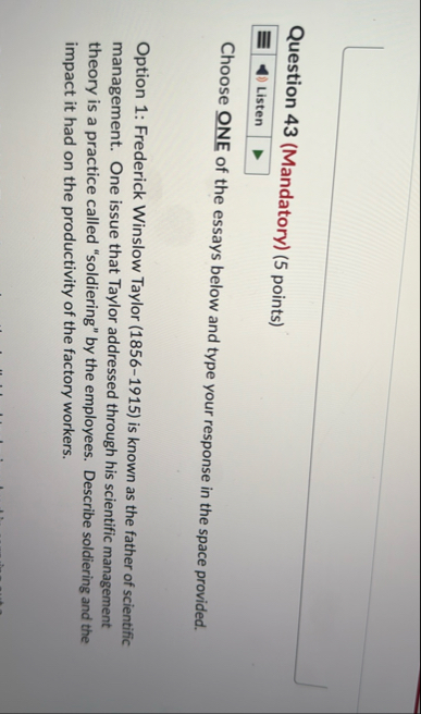 Solved Question 43 (Mandatory) (5 ﻿points)ListenChoose ONE | Chegg.com