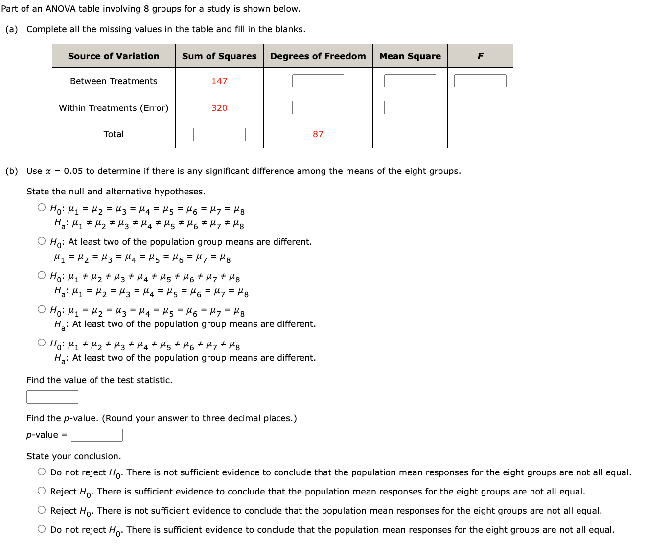 Solved Part of an ANOVA table involving 8 ﻿groups for a | Chegg.com
