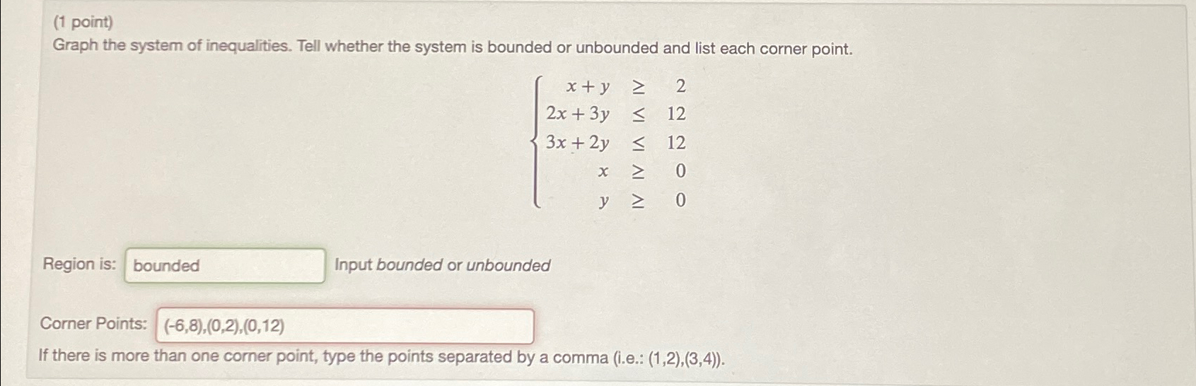 Solved (1 ﻿point)Graph the system of inequalities. Tell | Chegg.com