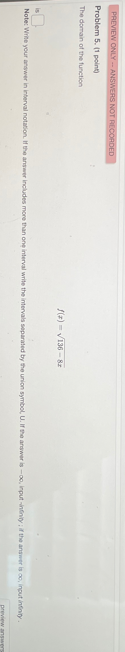 Solved PREVIEW ONLY -- ﻿ANSWERS NOT RECORDEDProblem 5. (1 | Chegg.com