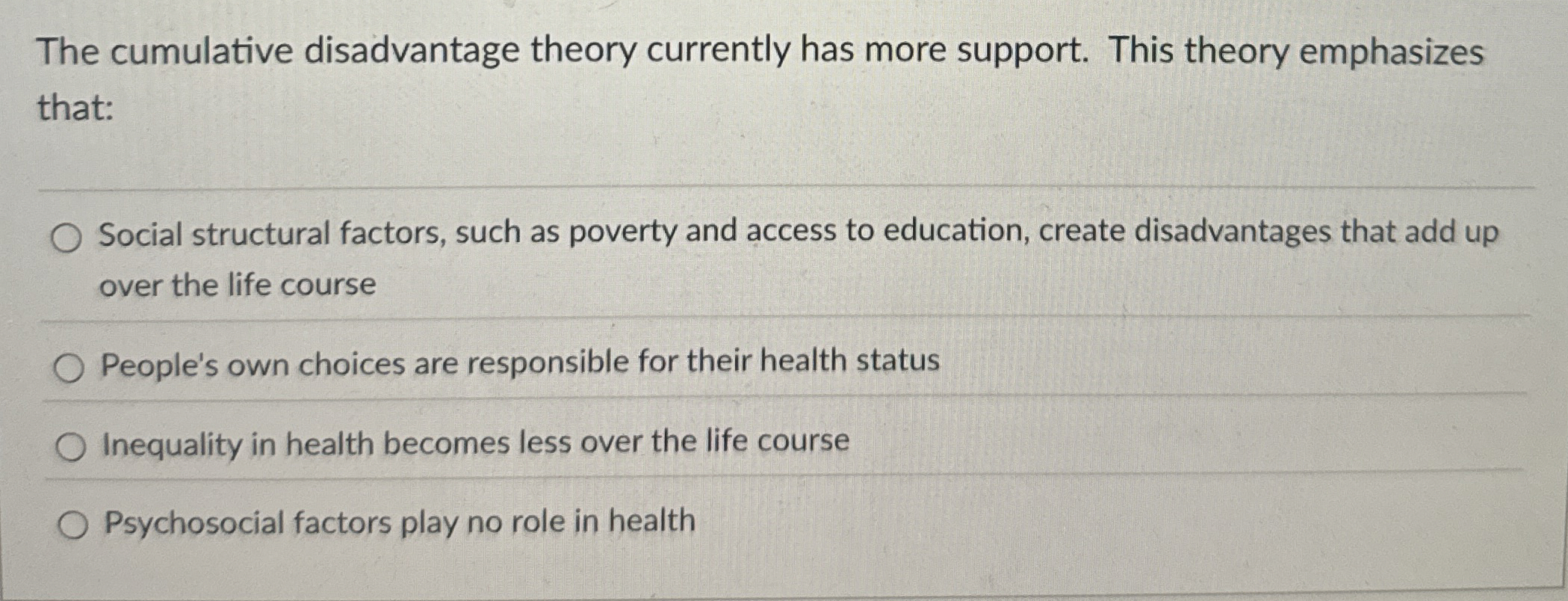 Solved The cumulative disadvantage theory currently has more | Chegg.com