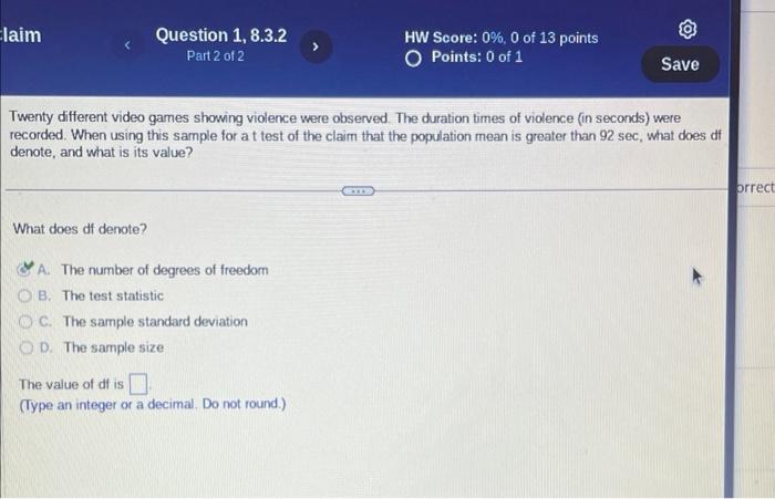 Solved The value of df is ___. (Type an integer or a | Chegg.com