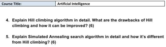 Solved Course Title: Artificial Intelligence 4. Explain Hill | Chegg.com