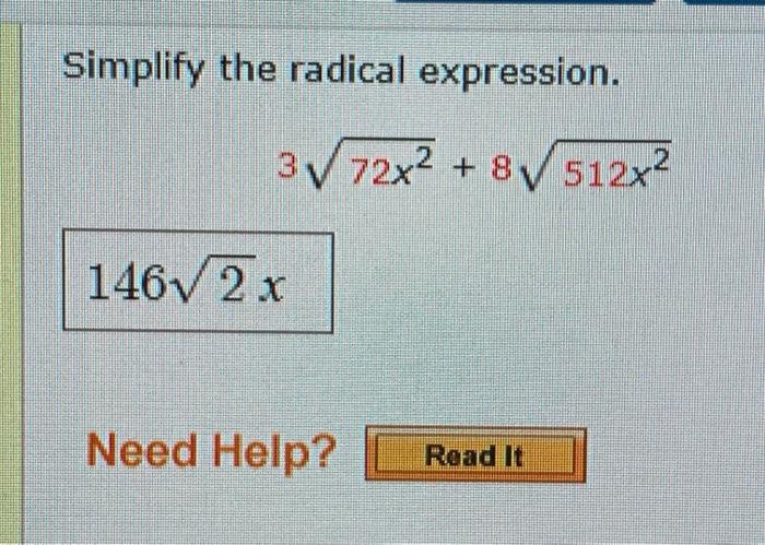 Solved Simplify the radical expression. 3 72x2 + 8V 512x2 | Chegg.com