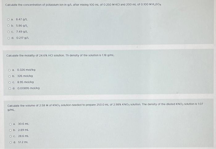 Solved Calculate the concentration of potassium ion in g/L | Chegg.com