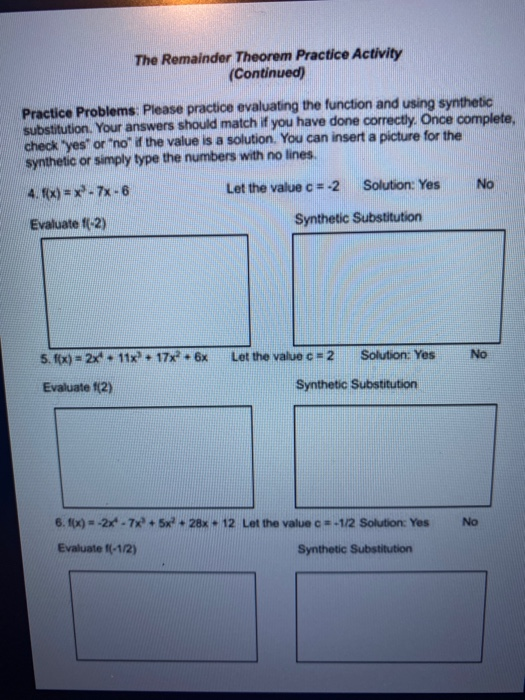 Solved The Remainder Theorem Practice Activity (Continued) | Chegg.com