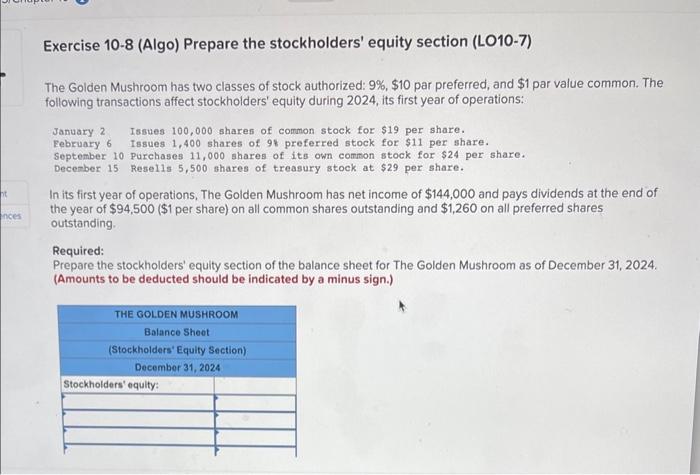 Solved Exercise 10-8 (Algo) Prepare the stockholders' equity | Chegg.com