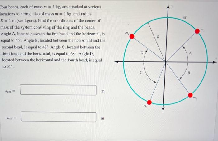 Solved Four beads, each of mass m=1 kg, are attached at | Chegg.com