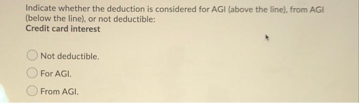 Solved Indicate whether the deduction is considered for AGI | Chegg.com