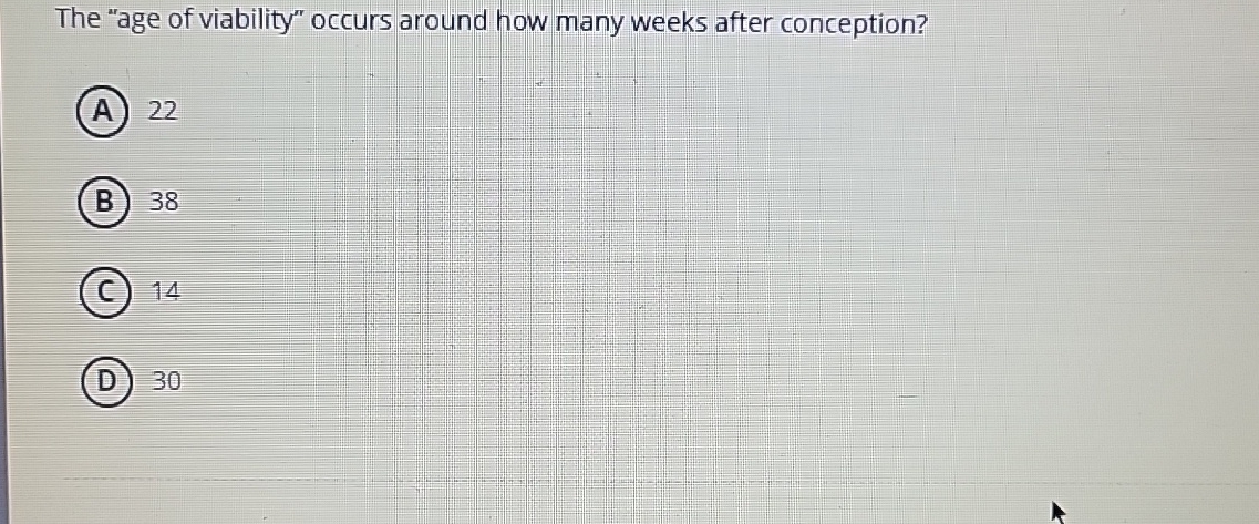 Solved The "age of viability" occurs around how many weeks | Chegg.com