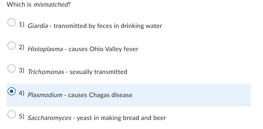 Solved Which is mismatched?Giardia - ﻿transmitted by feces | Chegg.com