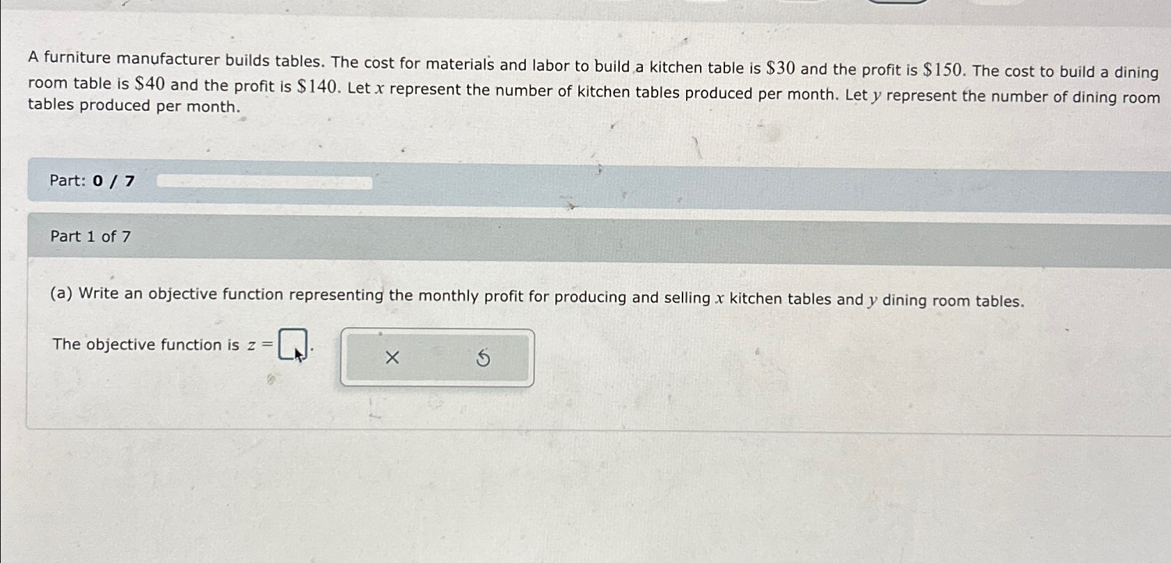Solved A furniture manufacturer builds tables. The cost for | Chegg.com