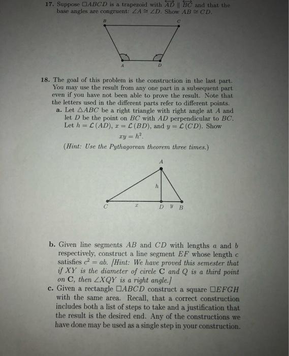 Solved 17. Suppose ABCD is a trapezoid with AD∥BC and that | Chegg.com