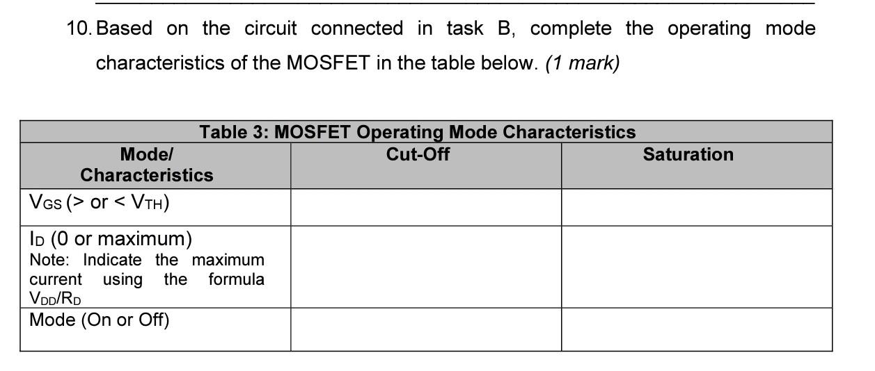 Solved Task B: MOSFET Operating Conditions (2.5 marks) 1. | Chegg.com