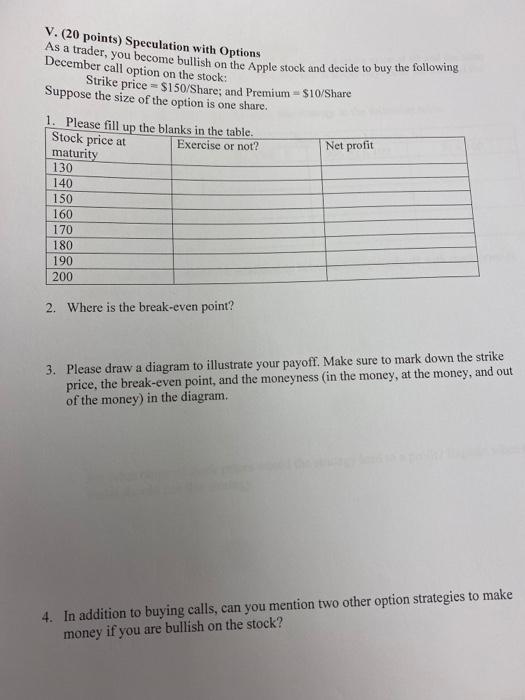 Solved V. (20 points) Speculation with Options As a trader, | Chegg.com