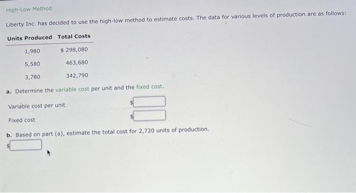 Solved High-Low Method Liberty inc. has decided to use the | Chegg.com
