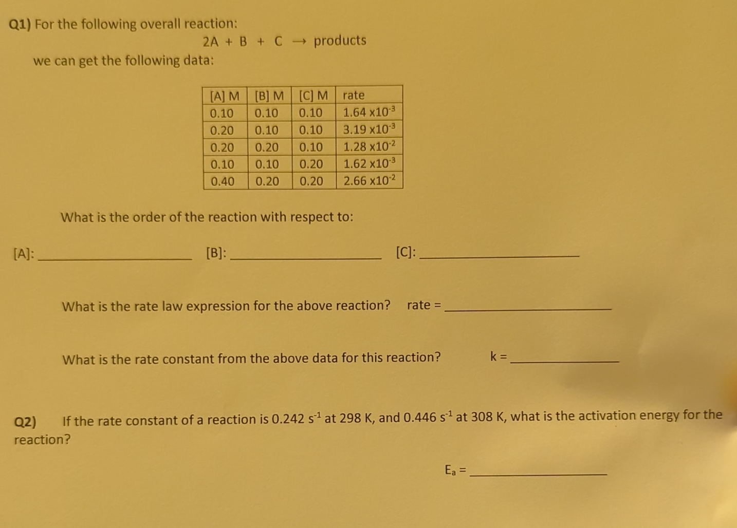 Solved Q1) ﻿For the following overall reaction:2A+B+C→ | Chegg.com