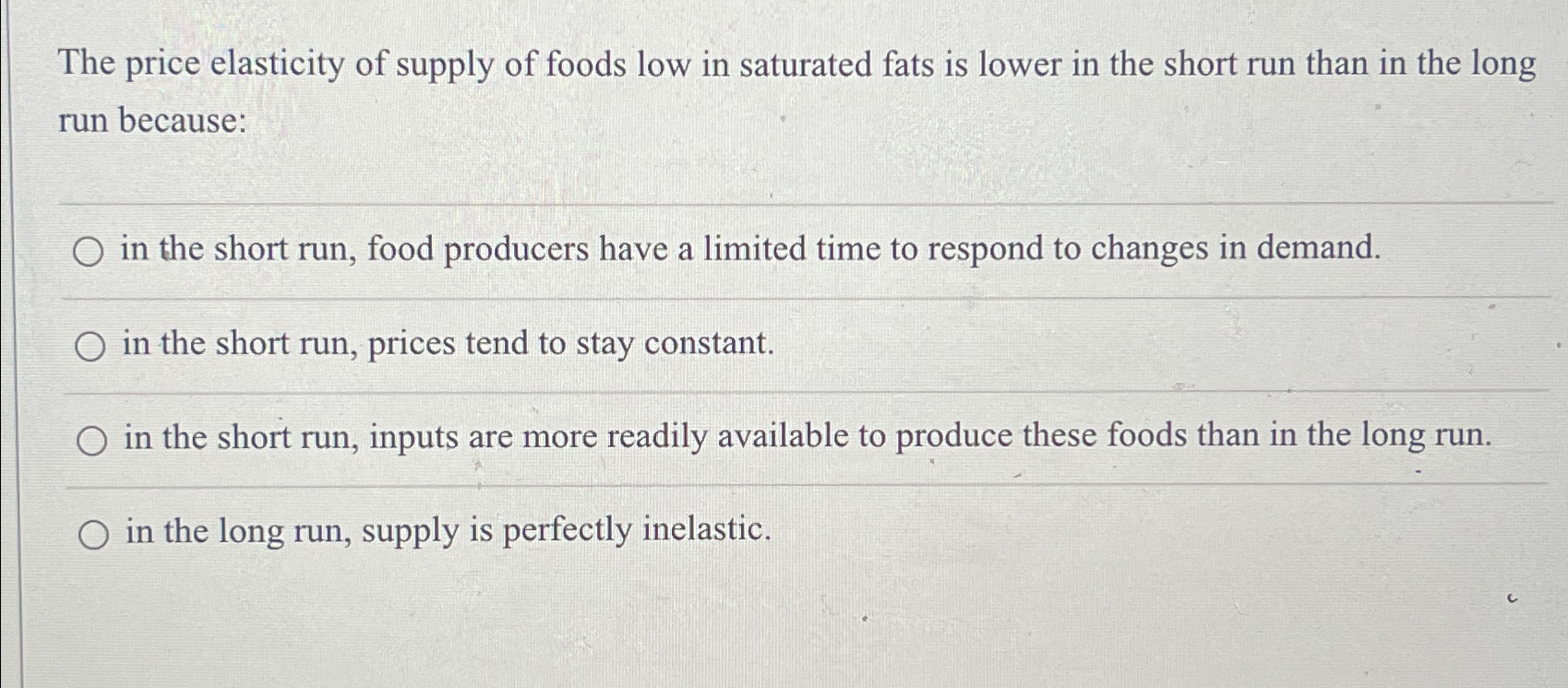 Solved The price elasticity of supply of foods low in | Chegg.com