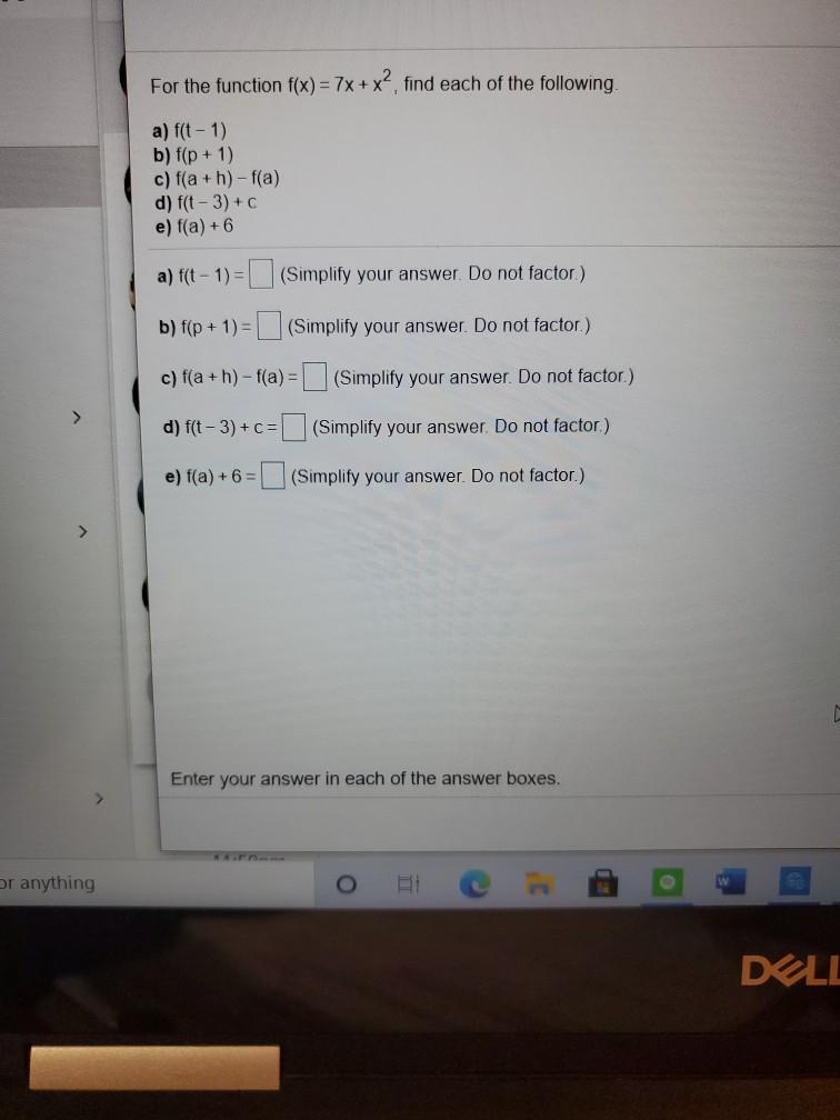 Solved For the function f(x) = 7x + x2, find each of the | Chegg.com