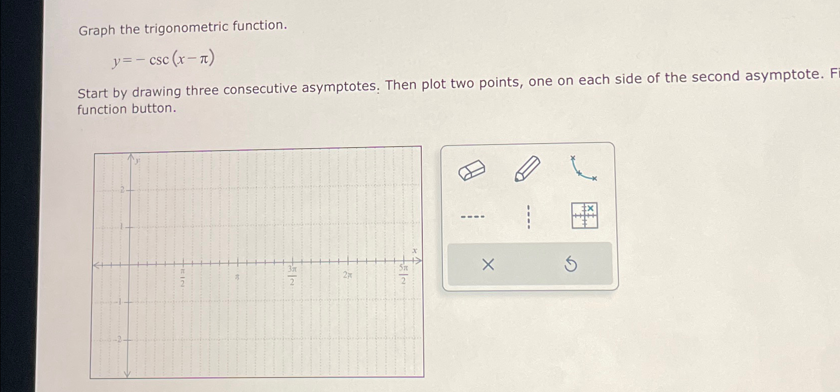 Solved Graph the trigonometric function.y=-csc(x-π)Start by | Chegg.com