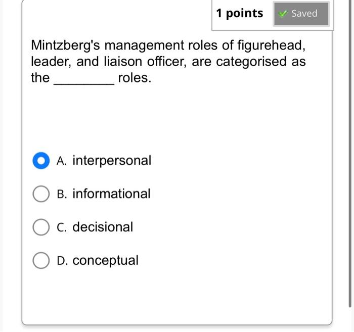 Solved Mintzberg's management roles of figurehead, leader, | Chegg.com