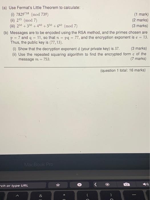Solved (a) Use Fermat's Little Theorem to calculate: () | Chegg.com
