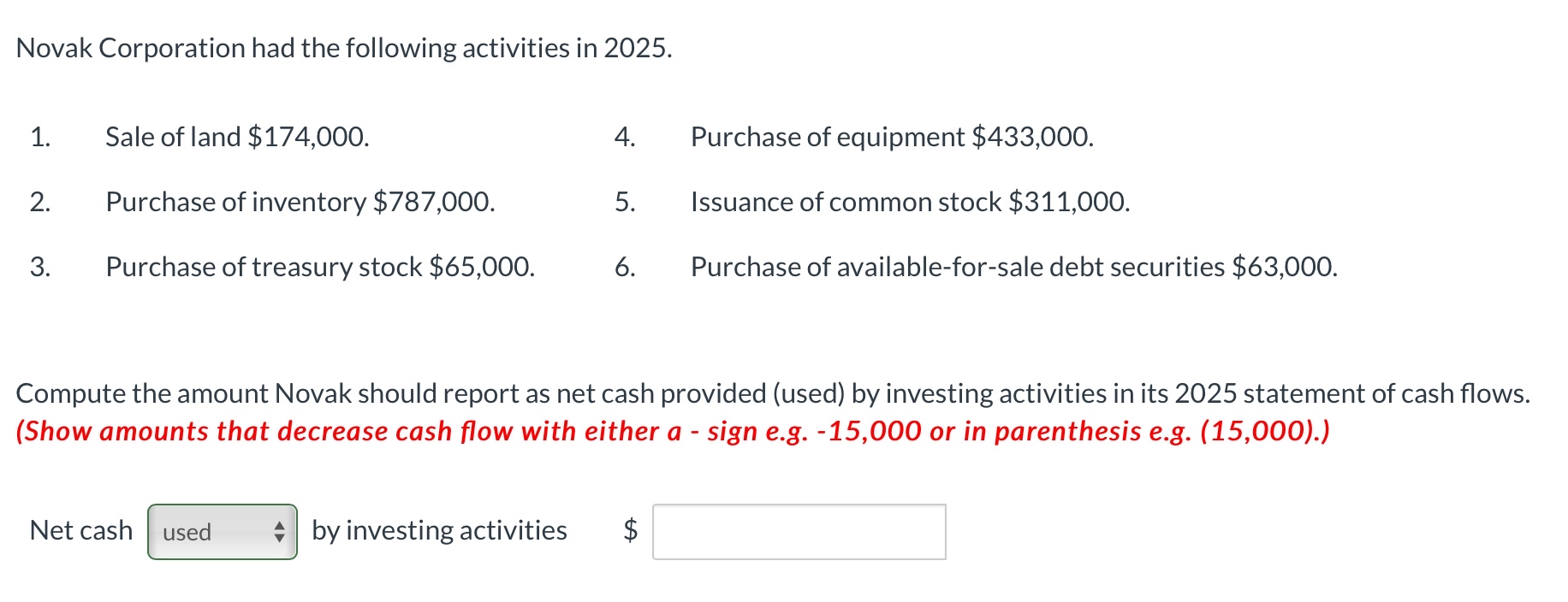 Solved Novak Corporation had the following activities in | Chegg.com