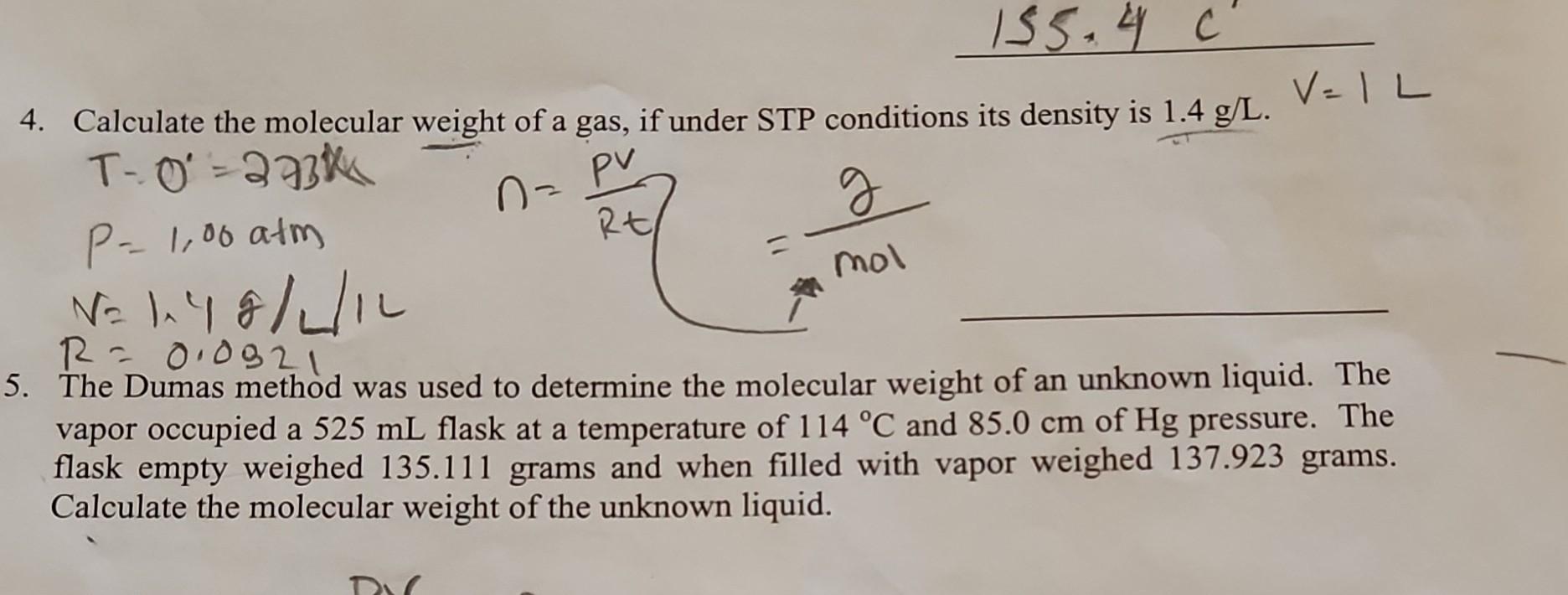 Solved 4. Calculate the molecular weight of a gas, if under | Chegg.com