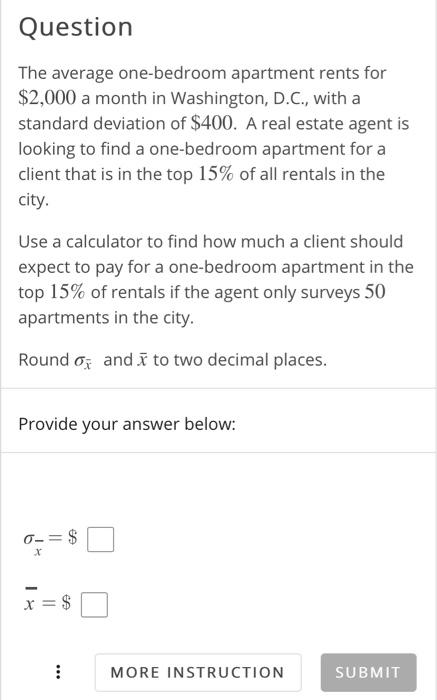 Solved Question The Average One bedroom Apartment Rents For Chegg