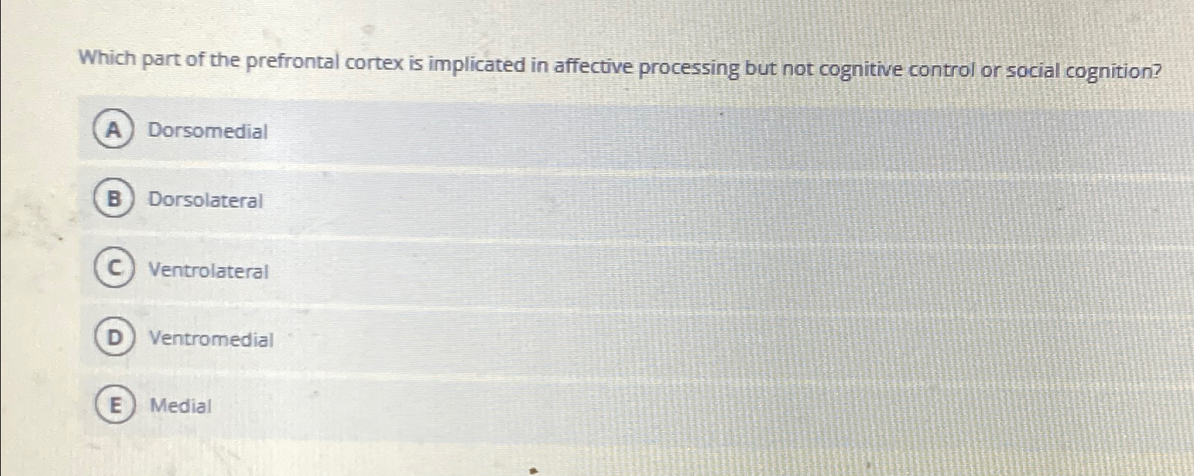 Solved Which part of the prefrontal cortex is implicated in | Chegg.com