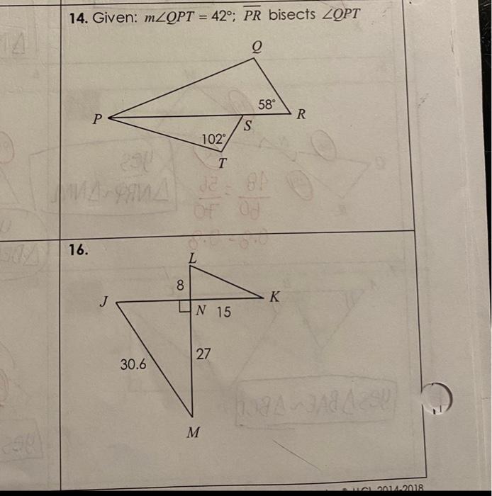 Solved 14. Given: m2QPT = 42°; PR bisects LQPT Q 58° Р R S | Chegg.com