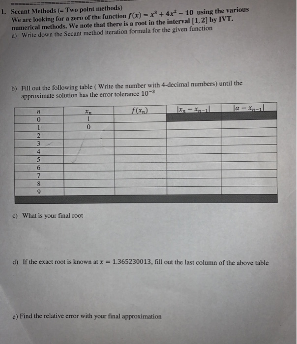 Solved 1. Secant Methods (=Two point methods) We are looking | Chegg.com