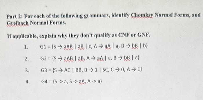 Part 2: For each of the following grammars, identify | Chegg.com