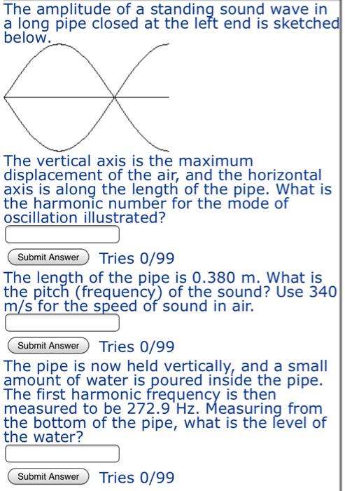 Solved The amplitude of a standing sound wave in a long pipe | Chegg.com