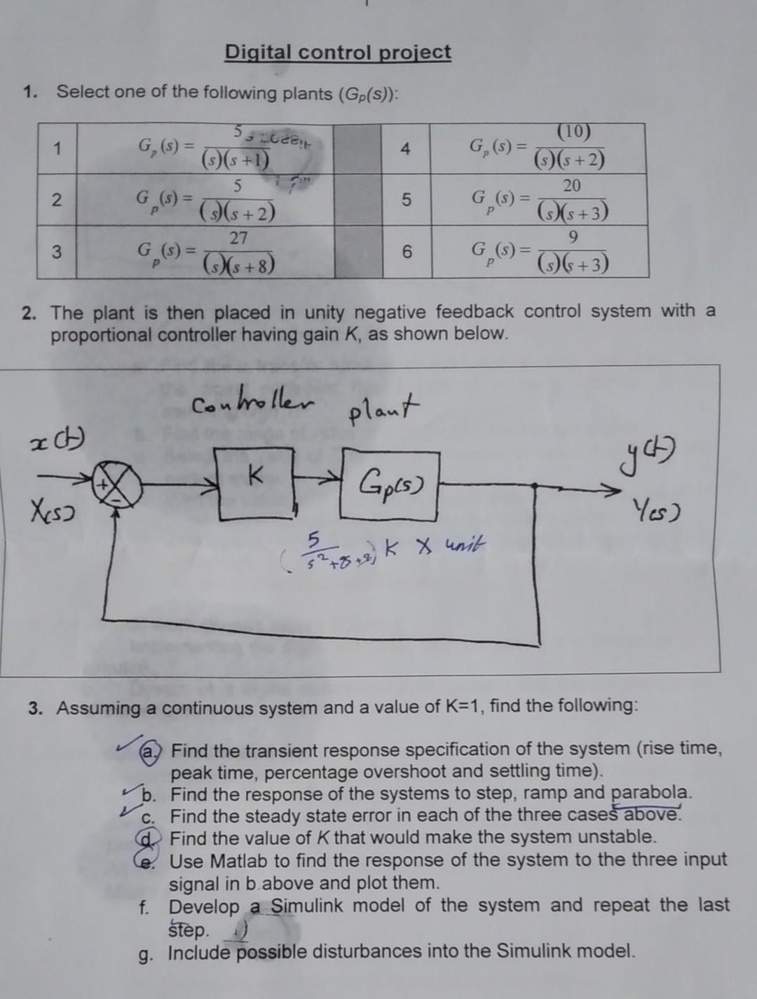 Solved Digital control project 1. Select one of the | Chegg.com