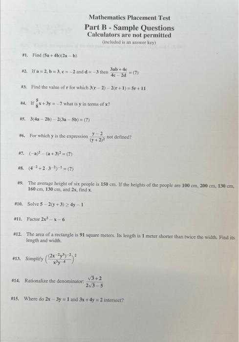 Solved Mathematics Placement Test Part B - Sample Questions | Chegg.com