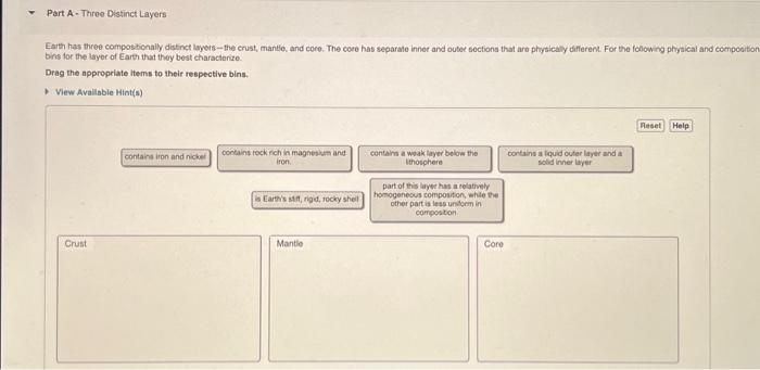 Solved Part A - Throe Distinct Layers Earth has three | Chegg.com