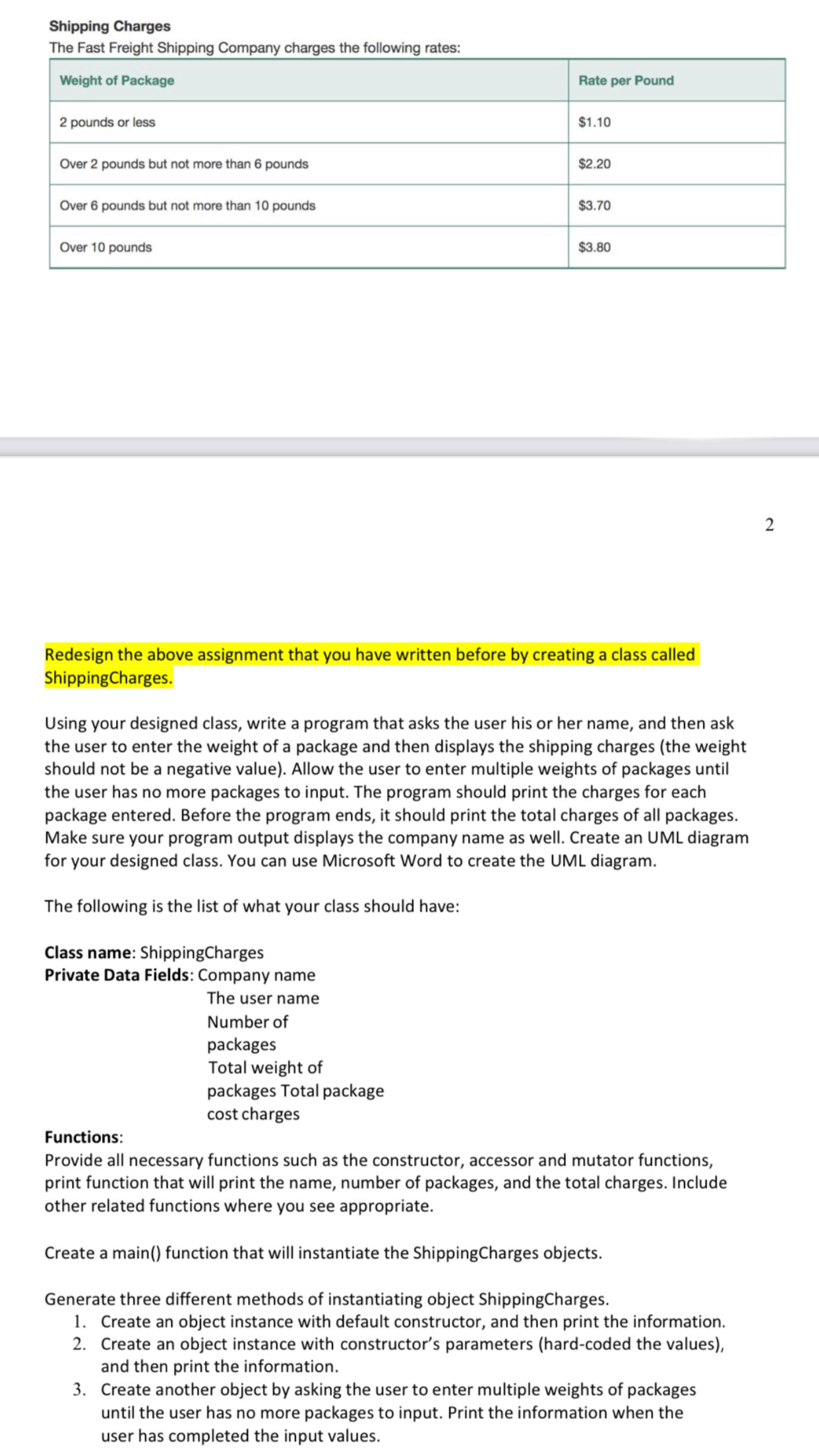 Solved Shipping ChargesThe Fast Freight Shipping Company | Chegg.com