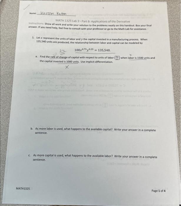 Solved MATH 1325 Lab 3-Part B: Applications of the | Chegg.com