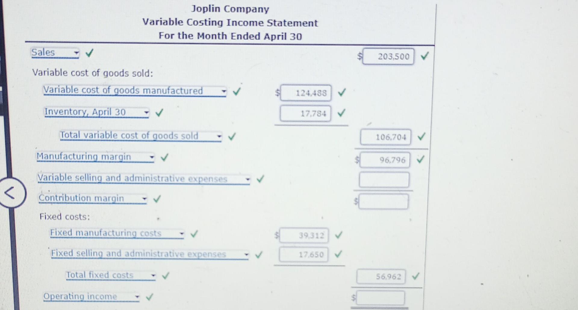 Solved Variable Costing Income Statement On April 30, the | Chegg.com