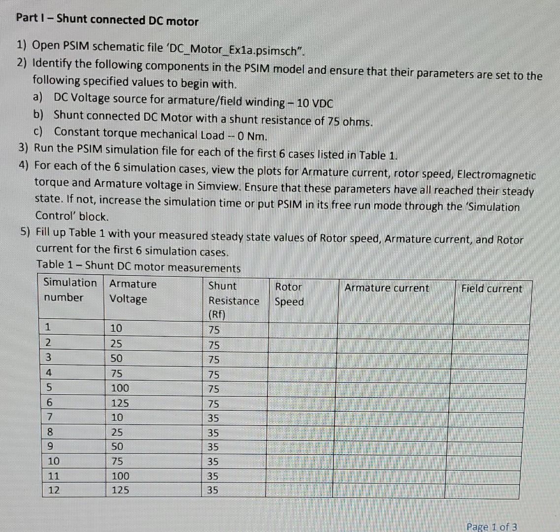 Part 1 - Shunt connected DC motor 1) Open PSIM | Chegg.com